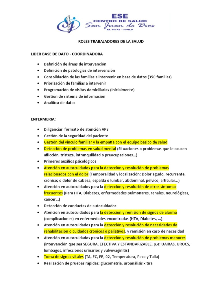 Roles Del Equipo Basico En Salud Pdf Medicina Medicina Clinica