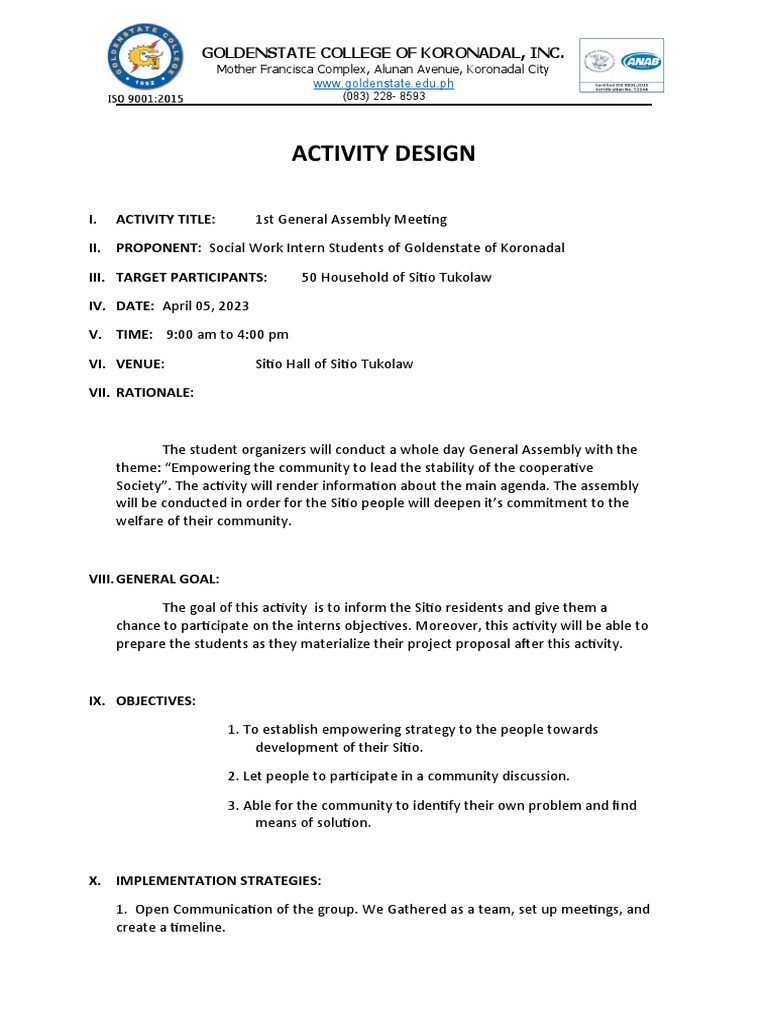 Project Activity Design | PDF