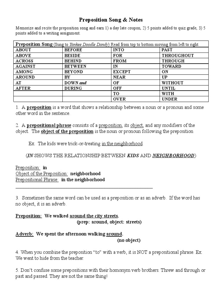 Preposition Song & Notes | PDF