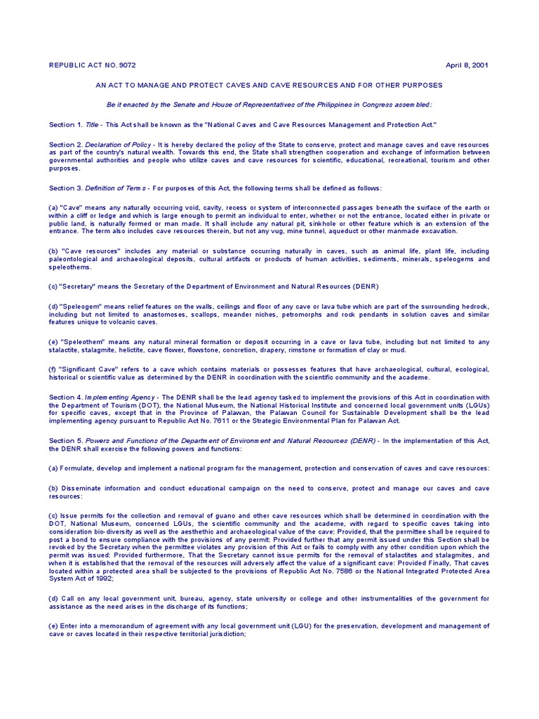RA 9072 - National Caves and Cave Resource Management Atc | PDF | Cave