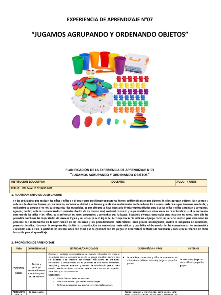 "Jugamos Agrupando Y Ordenando Objetos": Experiencia de Aprendizaje N°07 | PDF | Aprendizaje ...