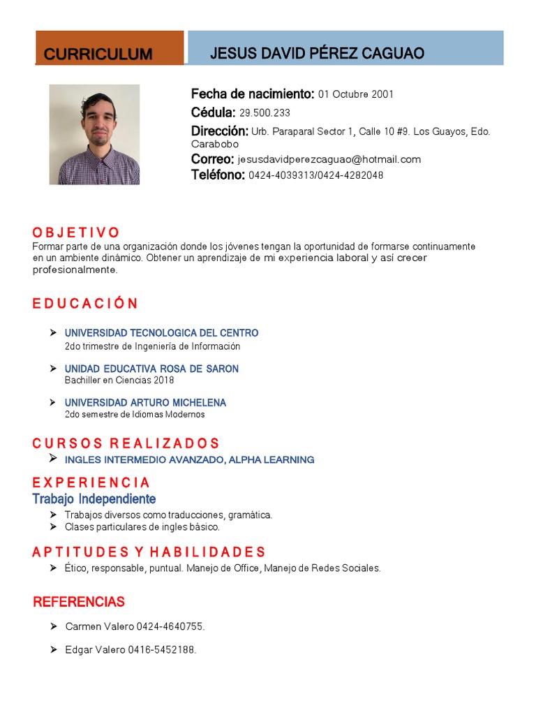 Jesus David Pérez Caguao Curriculum: Fecha de Nacimiento: Cédula ...