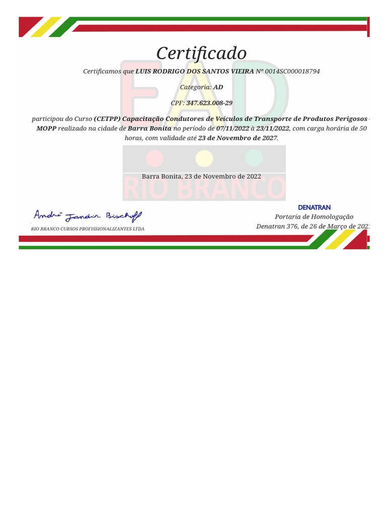 Certificado: MOPP Realizado Na Cidade de Barra Bonita No Período de 07/11/2022 À 23/11/2022, Com ...