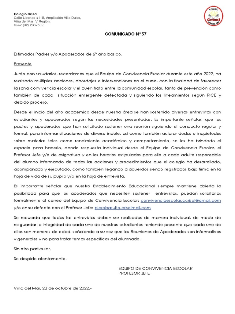 Comunicado del Equipo de Convivencia Escolar del Colegio Crisol sobre entrevistas individuales ...