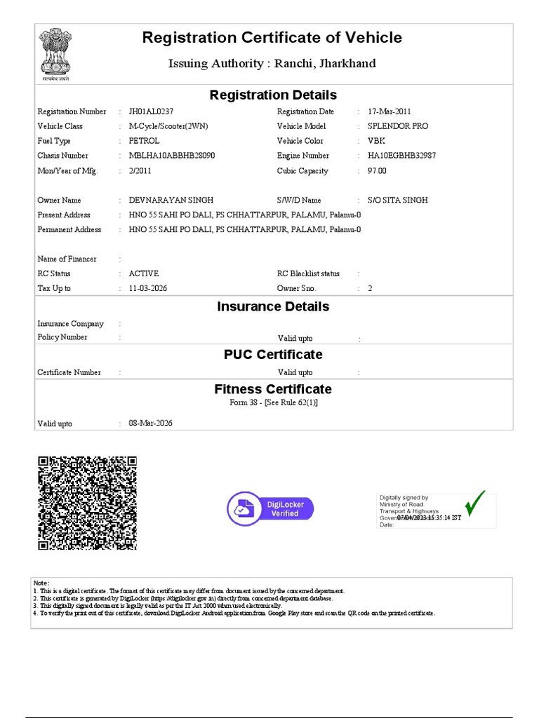 Registration Certificate of Vehicle: Issuing Authority: Ranchi ...