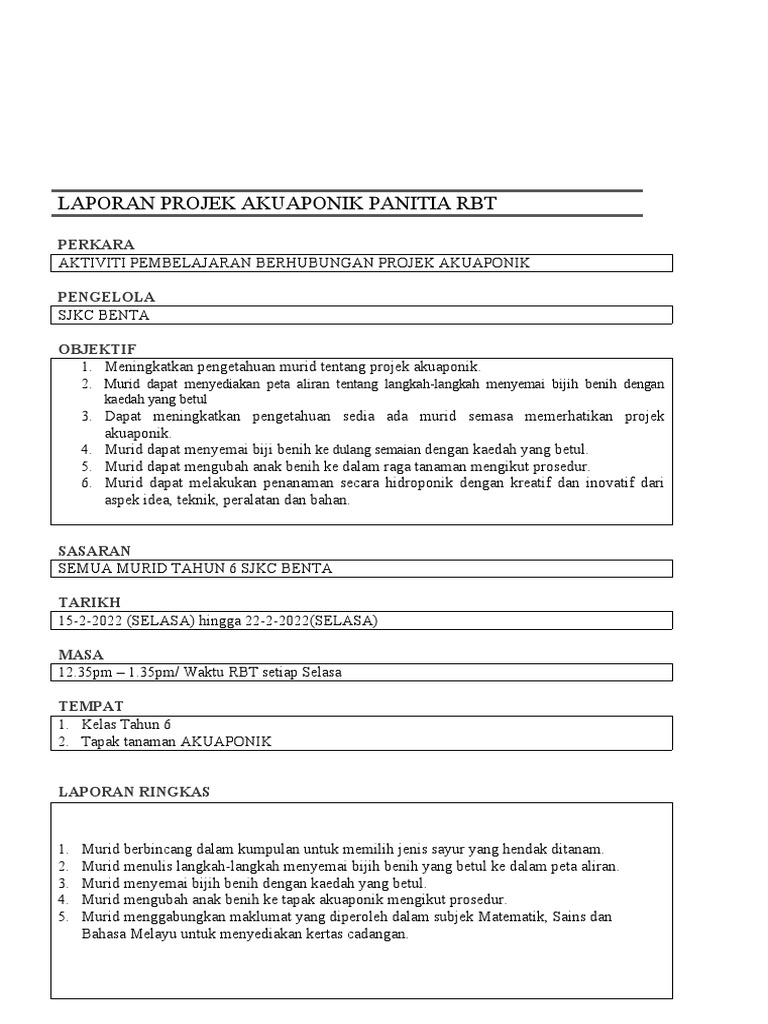 Laporan Akuaponik Panitia RBT | PDF