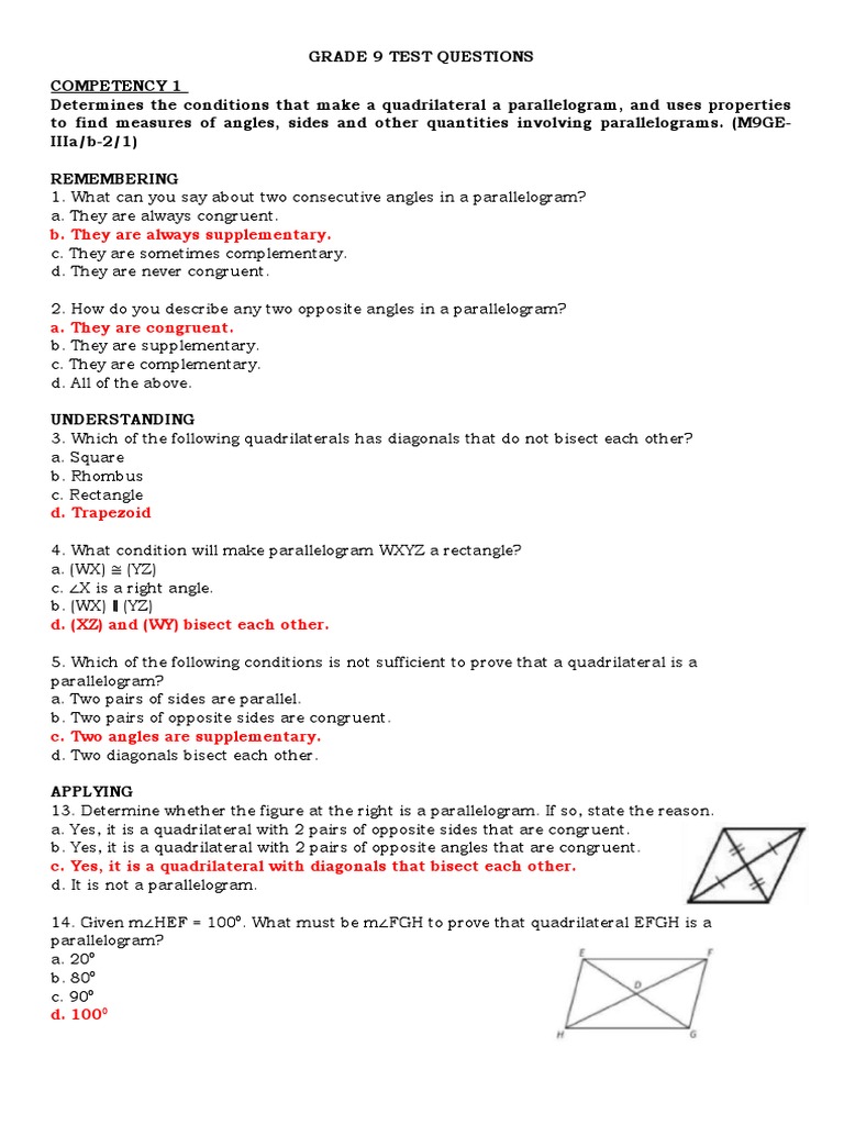 Grade 9 Test Questions | PDF | Rectangle | Euclidean Plane Geometry