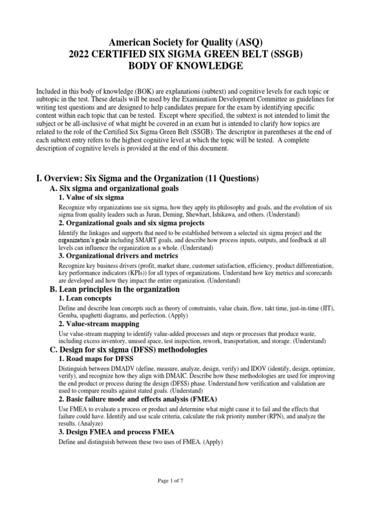 ASQ 2022 Six Sigma Green Belt BOK | PDF | Statistics | Probability ...
