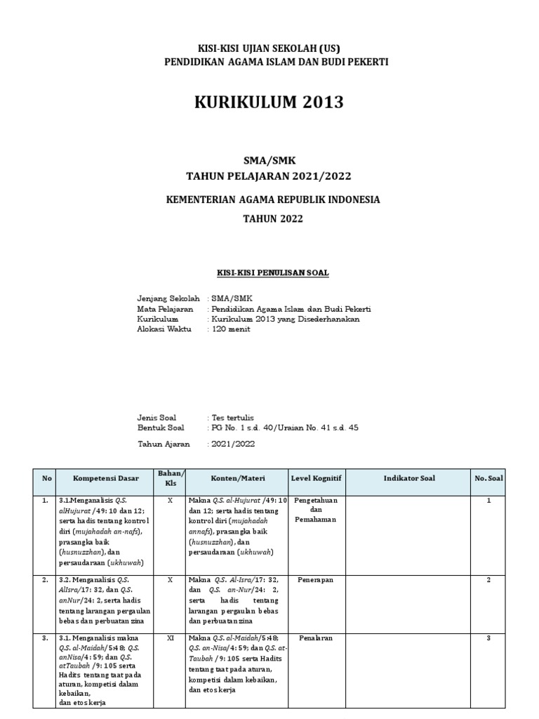 Kisi2 Dan Soal Us Pai | PDF