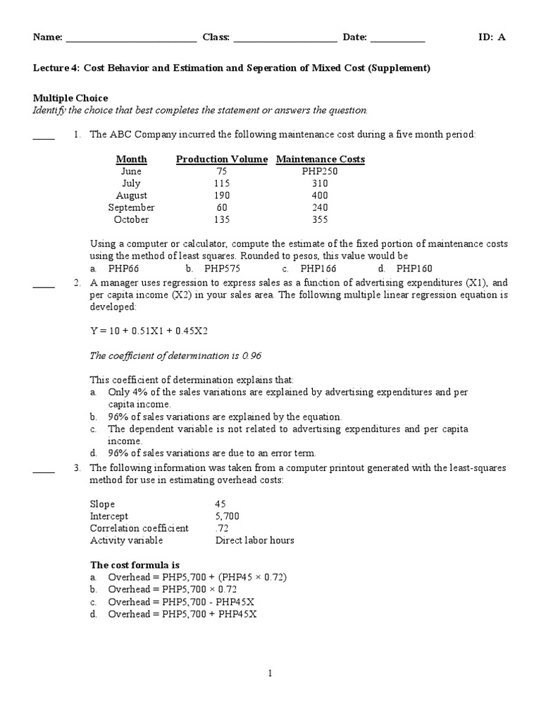 Cost Behavior & Estimation Quiz | PDF | Coefficient Of Determination | Linear Regression