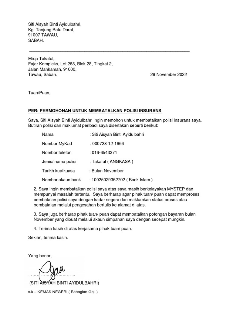 Contoh Surat Pembatalan TAKAFUL | PDF
