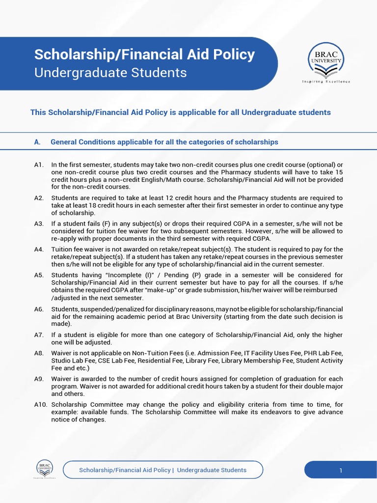 BracU - Scholarship Policy - UG | PDF | University And College Admission | Course Credit