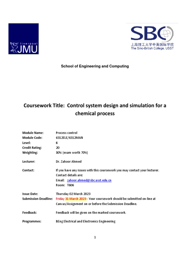 Coursework Title: Control System Design and Simulation For A Chemical Process | PDF | Control ...