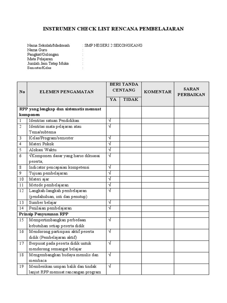 INSTRUMEN CHECK LIST RENCANA PEMBELAJARAN-FINAL | PDF