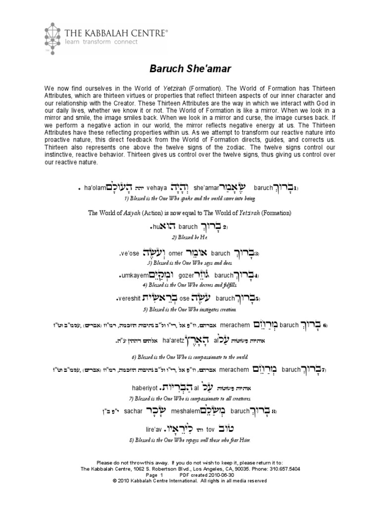 Shalom Sharabi Practicalkabbalah class35BaruchSheAmar 20100630 Eng ...