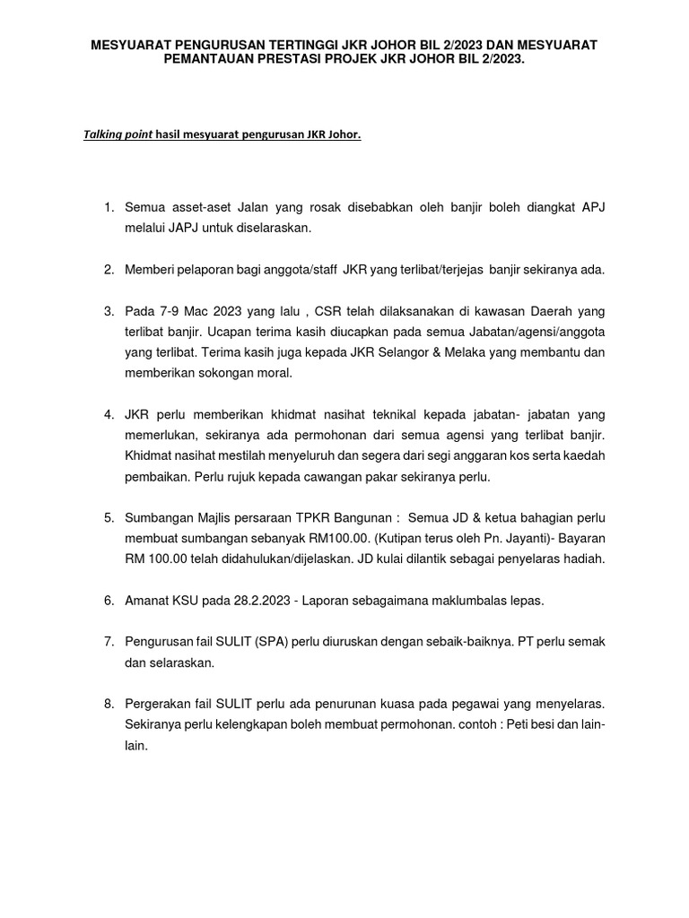 Talking Point Mesyuarat Pengurusan Dan Prestasi Projek | PDF