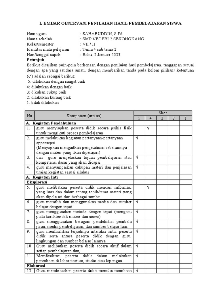 Lembar Observasi Pembelajaran-Final | PDF Lembar Observasi Pembelajaran-Final | PDF