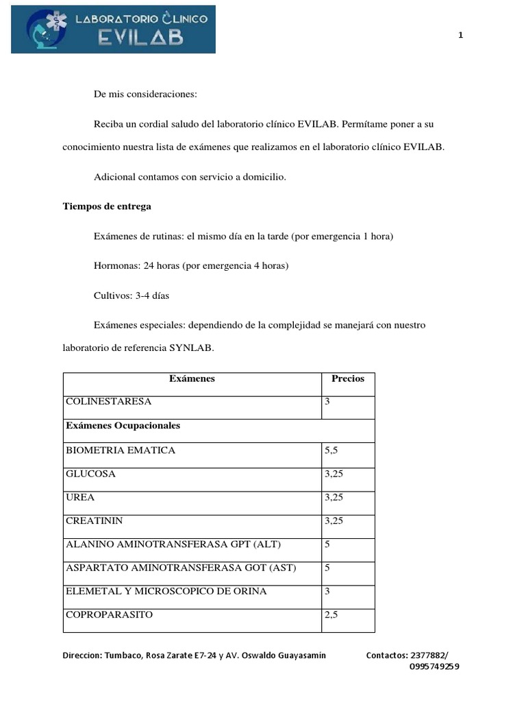 Lista de Exámenes del Laboratorio Evilab | PDF | Especialidades Medicas ...