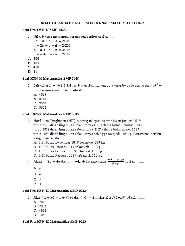 Soal Olimpiade Matematika SMP Materi Aljabar | PDF