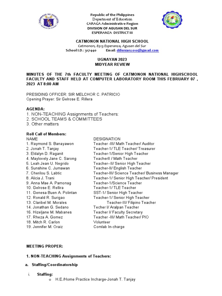 Sample: School Minutes of Faculty Meeting: UGNAYAN 2023 | PDF