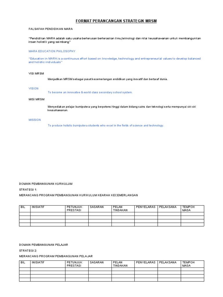 Format Perancangan Strategik MRSM | PDF | Bisnis