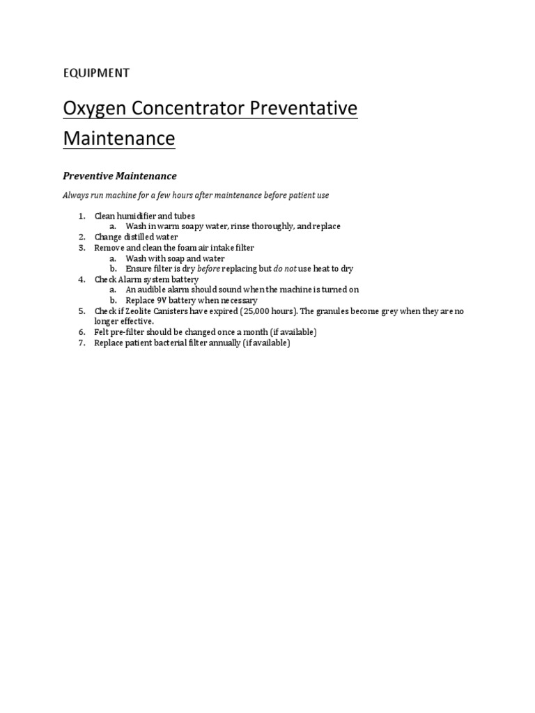 Oxygen Concentrator Preventative Maintenance | PDF