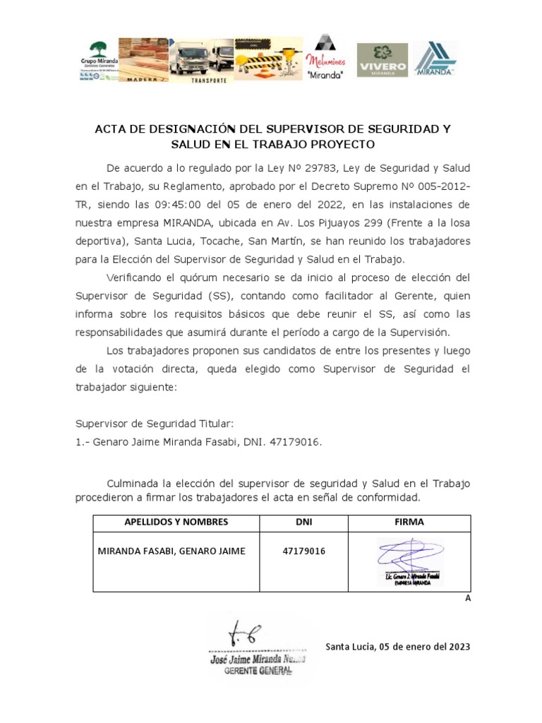 Acta de Nombramiento de Supervisor de SST | PDF