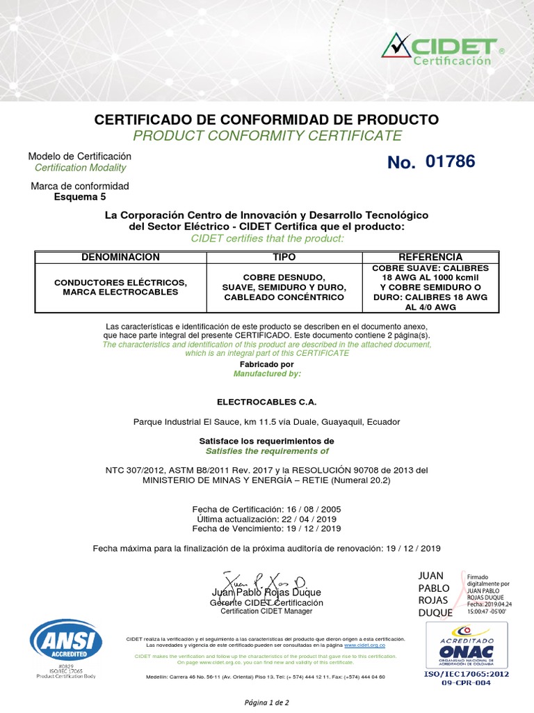 Certificado Cable | PDF | Conductor electrico | Cobre