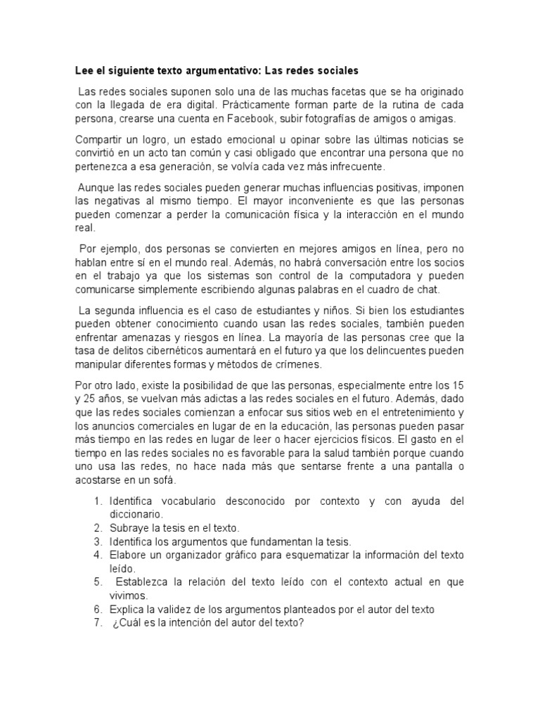 Lee El Siguiente Texto Argumentativo: Las Redes Sociales | PDF | Redes ...
