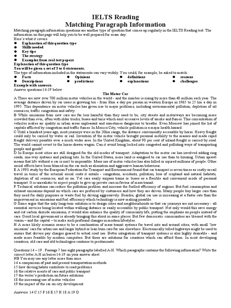 IELTS Reading Matching Paragraph Information | PDF | Car | Transport