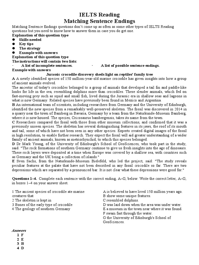 IELTS Reading Matching Sentence Endings: Answers | PDF | Fat ...