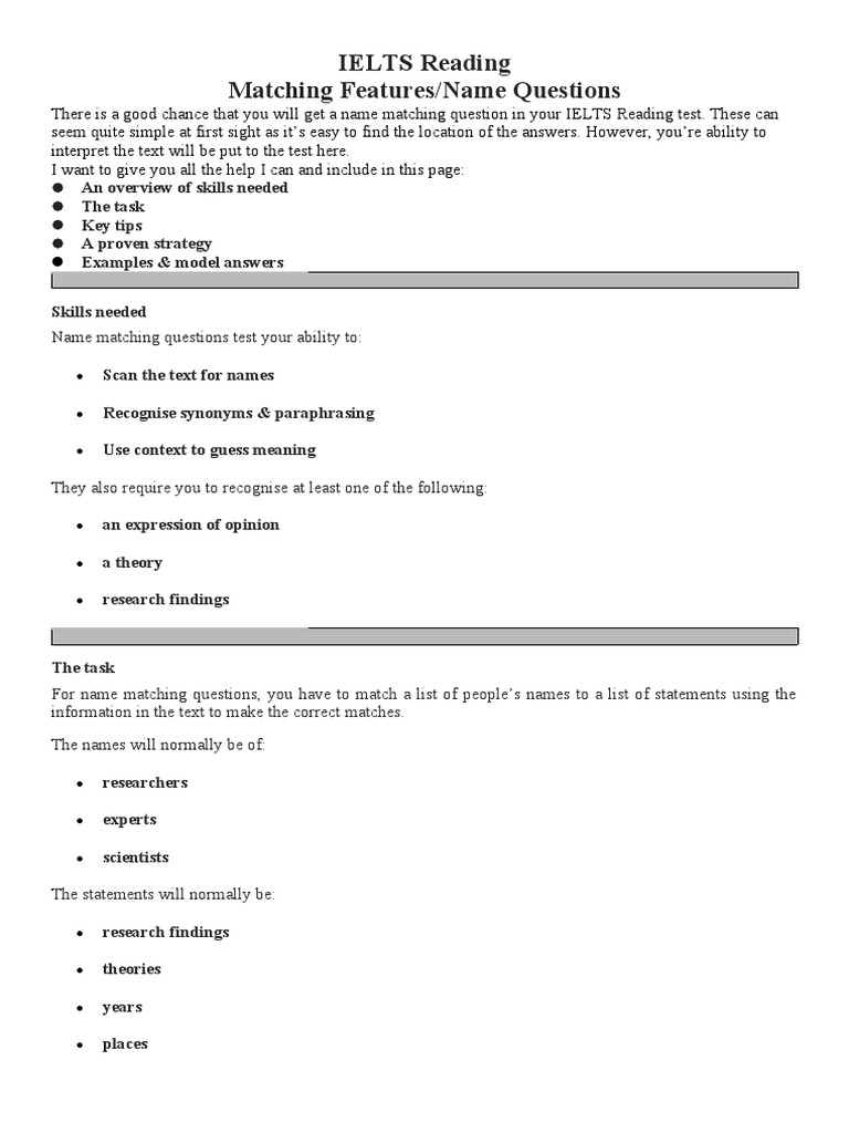 IELTS Reading Matching Features Name Questions | PDF | Migraine | Headache