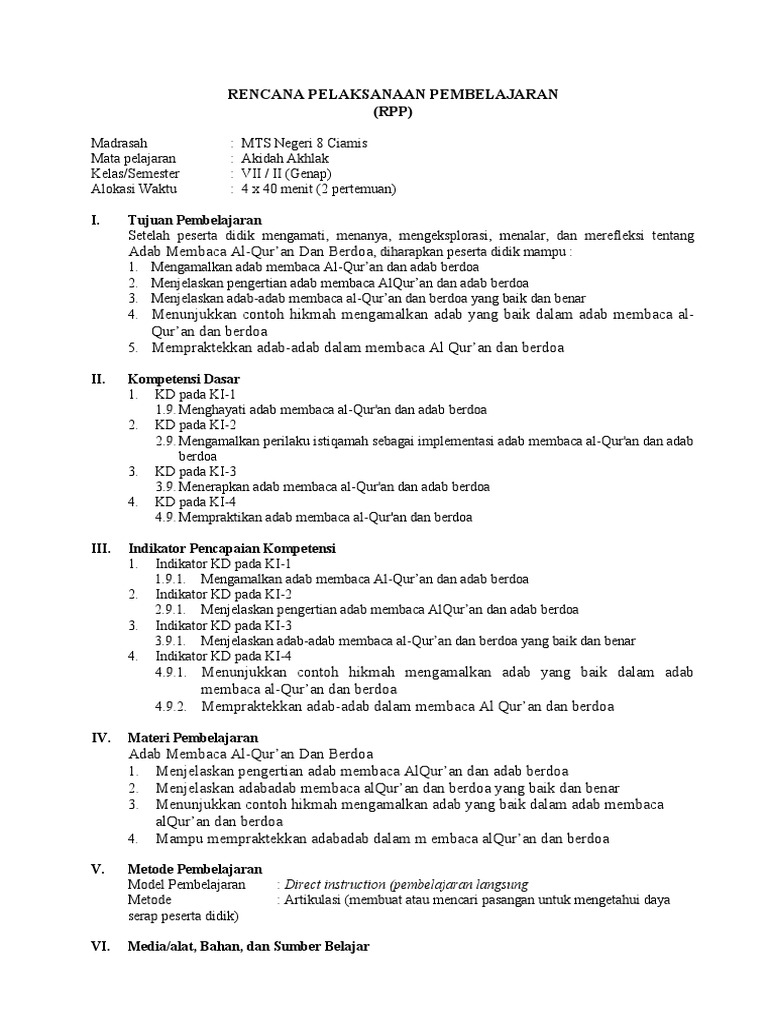 RPP Akidah Akhlak Kelas VII | PDF | Karier & Perkembangan