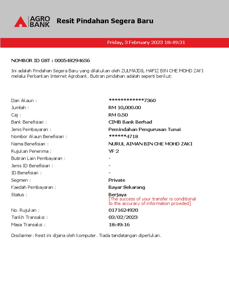 Resit Pindahan Segera Baru: NOMBOR ID GST: 000548294656 | PDF