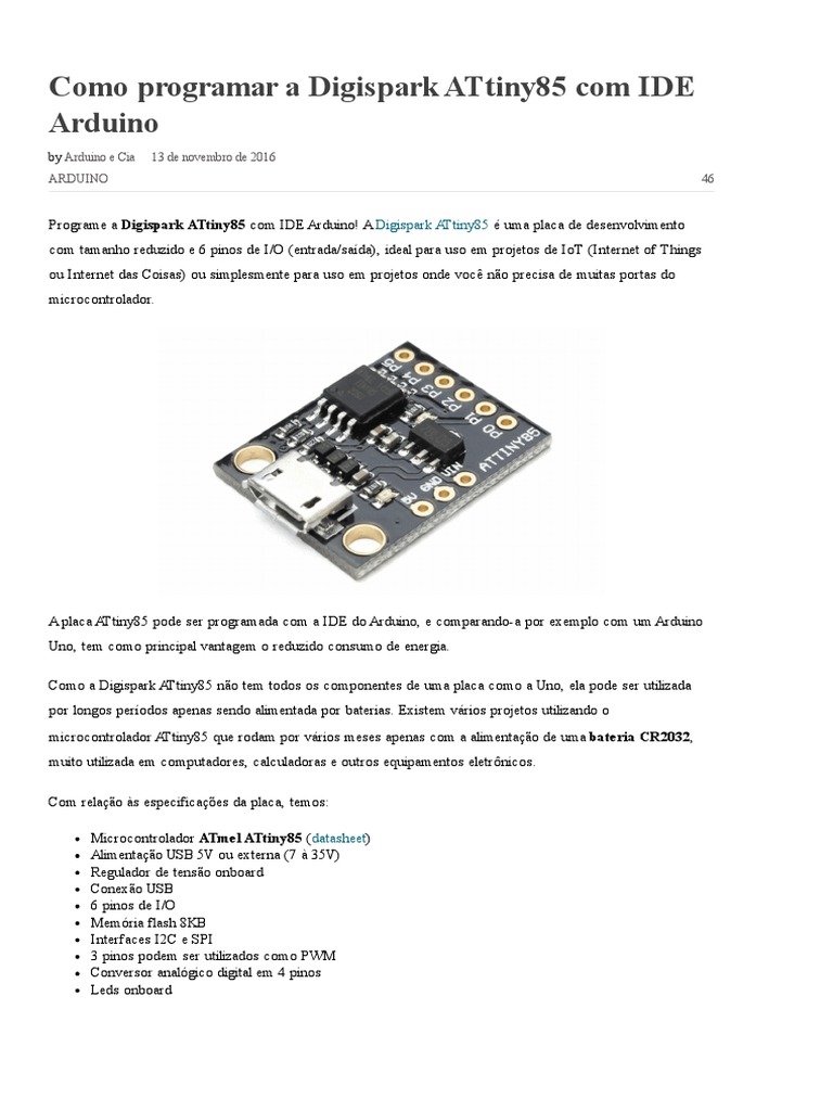 Como Programar A Digispark ATtiny85 Com IDE Arduino - Arduino e Cia | PDF | Arduino | USB