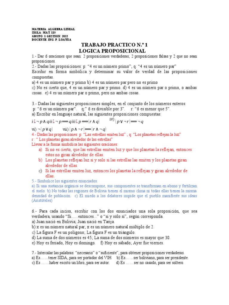 Trabajo Practico N.º 1 Logica Proposicional: I P Qii P Qiii P R Q P R Q P Q P R R Q | PDF ...