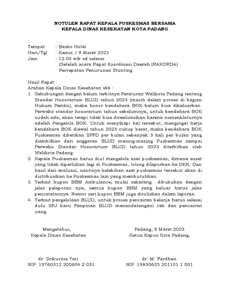 Notulen Rapat TGL 9 Mar 2023 TTG SPPD Bendahara BOK | PDF