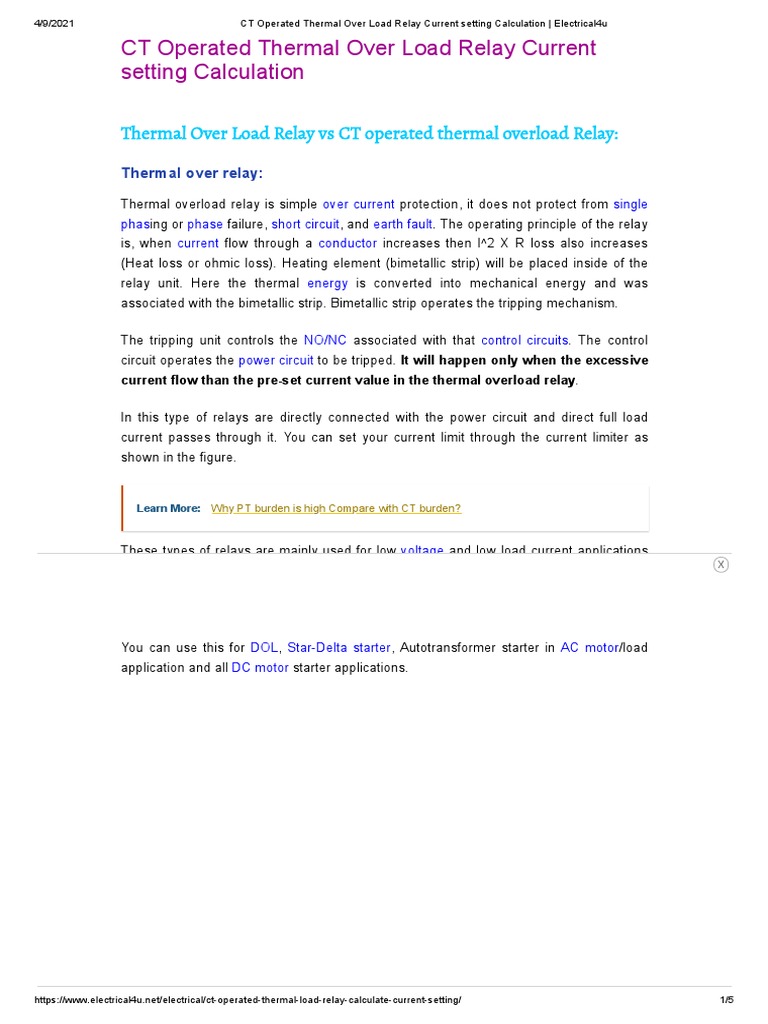 CT Overload Relay Setting Calculation Guide | PDF | Relay | Metrology