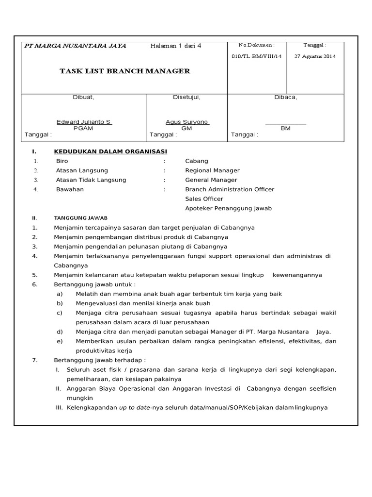 Tugas dan Tanggung Jawab Branch Manager | PDF