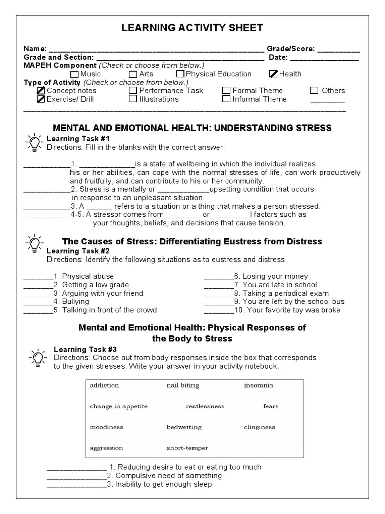 Health_quarter 3_learning Activity Sheet | PDF | Stress (Biology ...