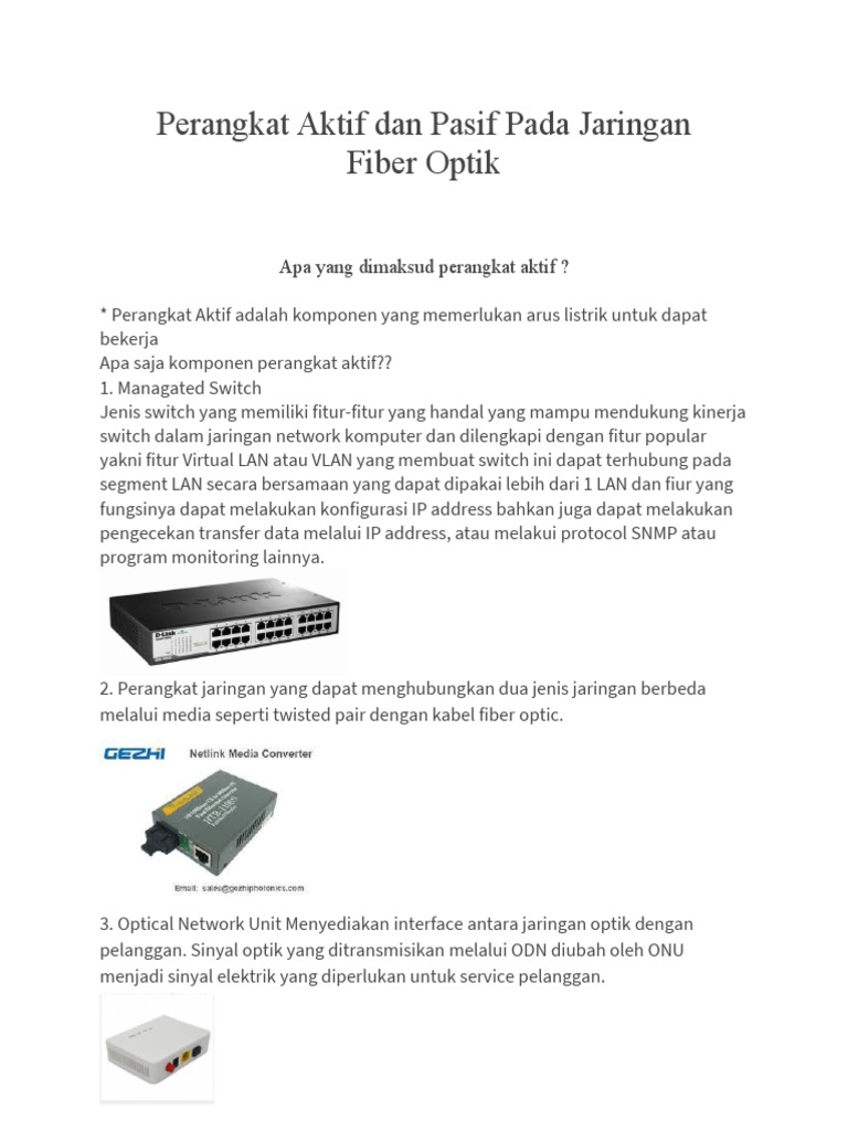 Perangkat Aktif dan Pasif Jaringan Fiber Optik | PDF