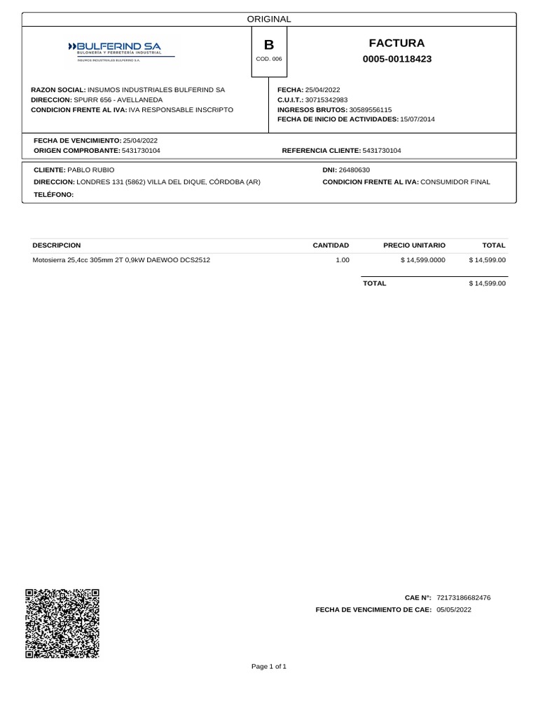 Factura: Motosierra 25,4cc 305mm 2T 0,9kW DAEWOO DCS2512 1.00 $ 14,599. ...