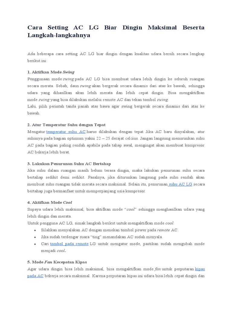 Cara Setting AC LG Biar Dingin Maksimal Beserta Langkah | PDF