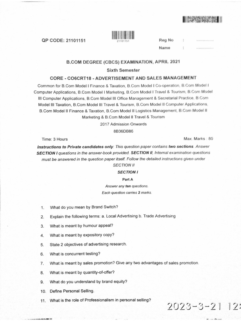 Advertisement and Sales Management Question Paper | PDF