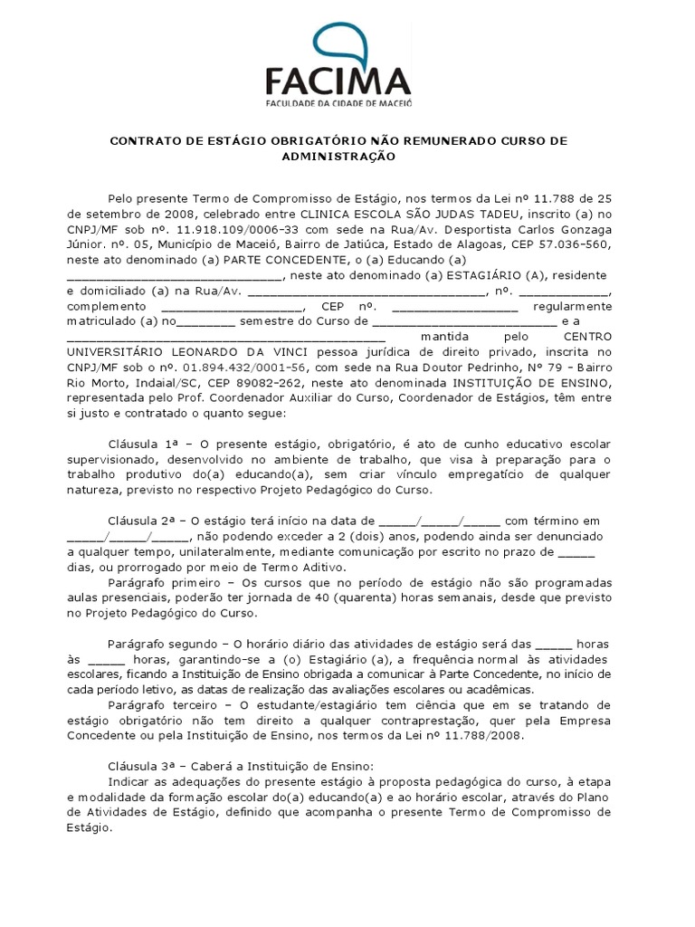 Contrato de Estágio - Editar | Download grátis PDF | Estágio | Procura ...