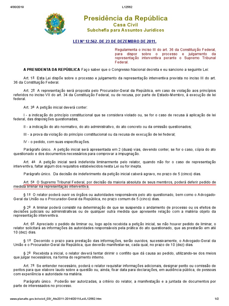 L12562 - representação interventiva perante o STF art. 36 III CF | PDF ...