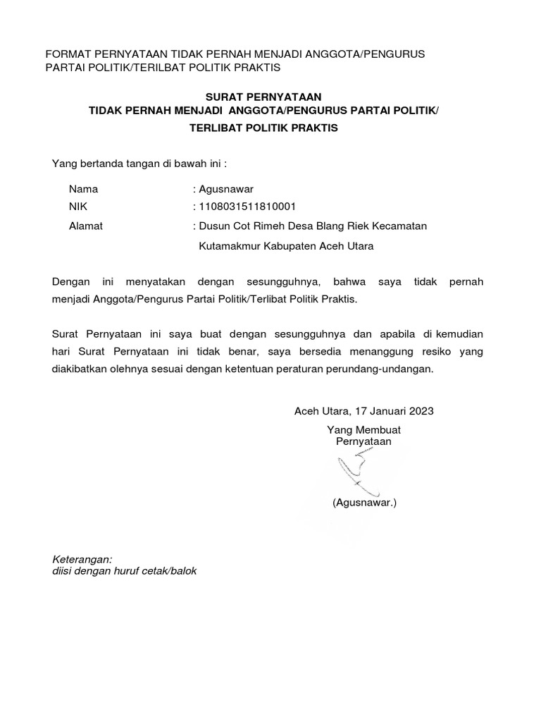 Surat Pernyataan Non-Anggota Partai Politik | PDF | Ilmu Sosial