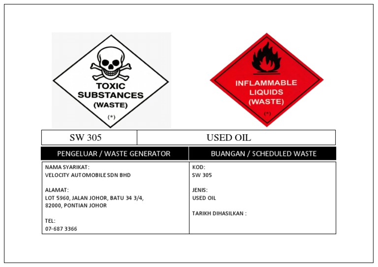 SW 305 Used Oil: Pengeluar / Waste Generator Buangan / Scheduled Waste ...