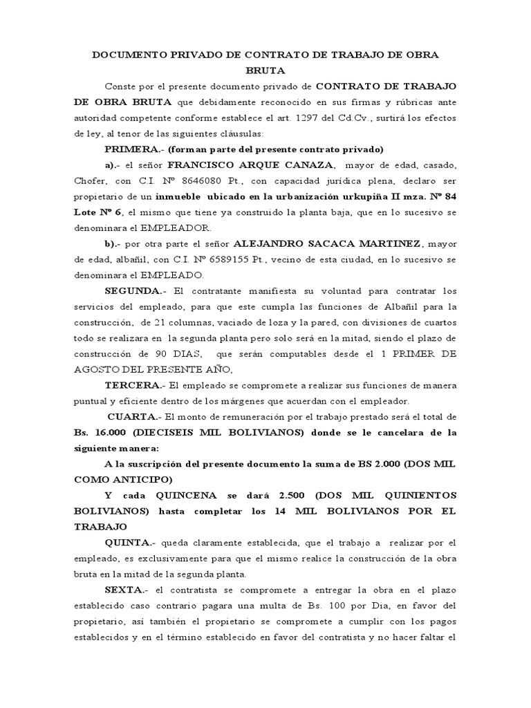 Documento Privado de Contrato de Trabajo de Obra Bruta | PDF | Gobierno