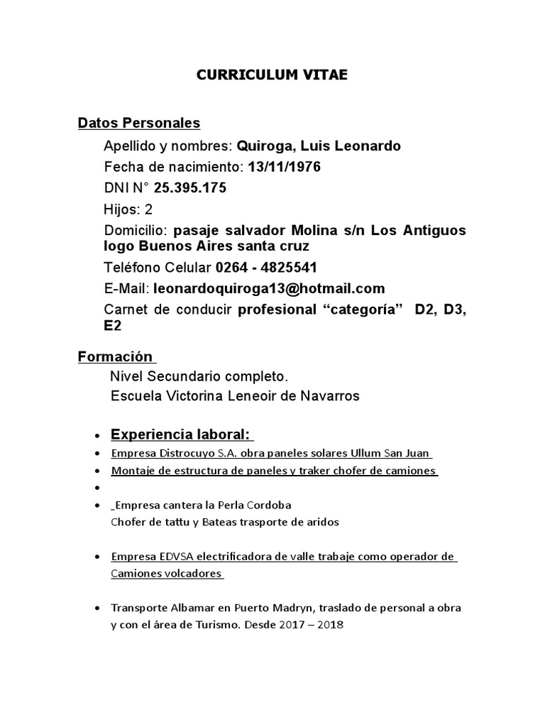 Curriculum Vitae Datos Personales | PDF | Transporte